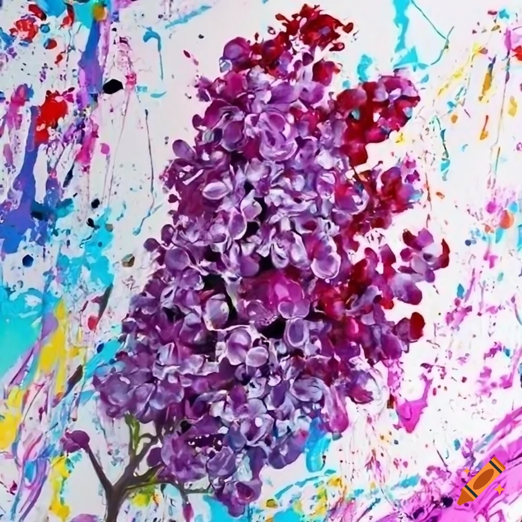 Abstract splatter painting in silver, white, red, lilac, and yellow ...