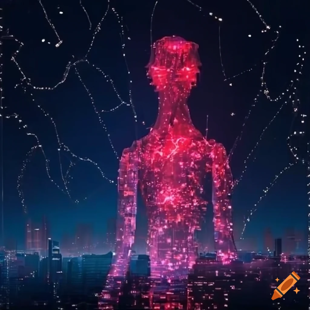 Abstract cityscape with twinkling lights forming a humanoid shape on ...