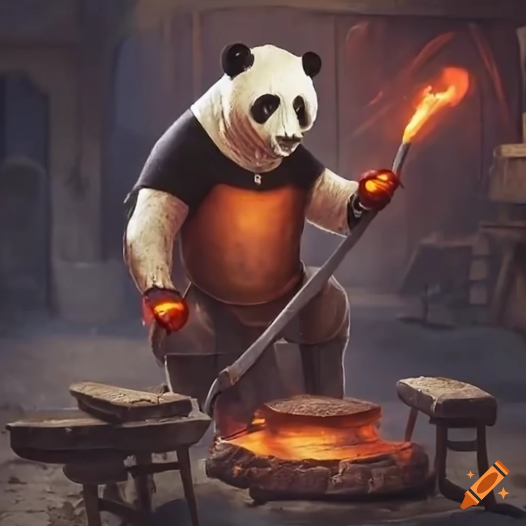 Legendary panda man blacksmith forging armors in a traditional forge on ...