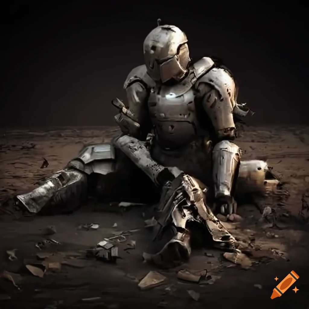 Destroyed futuristic armor on the ground on Craiyon