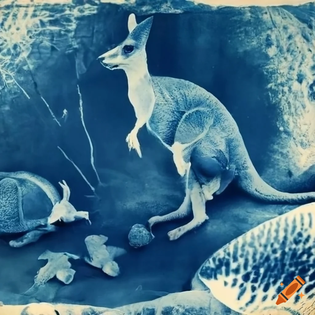 Cyanotype artwork featuring a kangaroo and a turtle on Craiyon