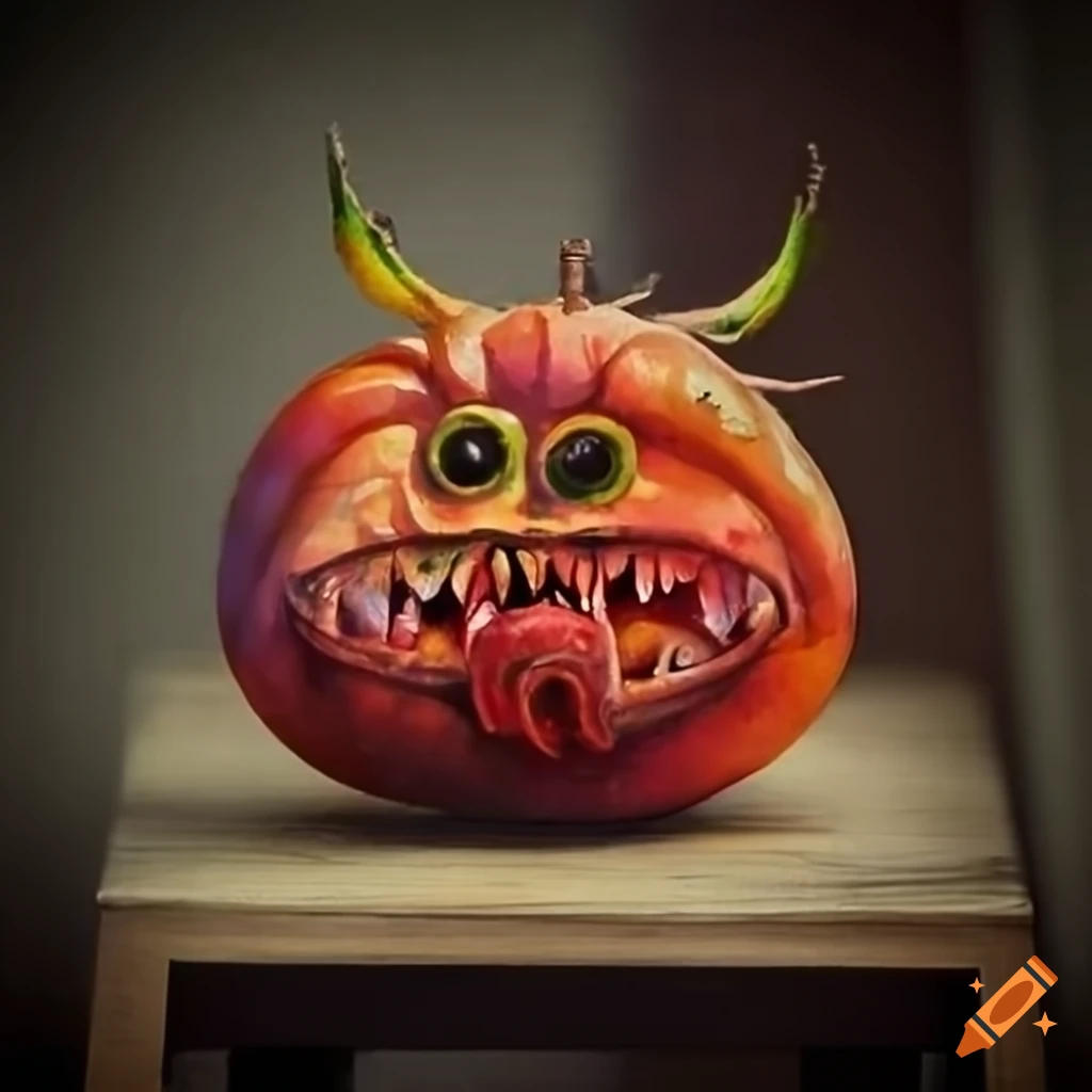 Close-up portrait of the rotten tomato fruit monster in micro ...