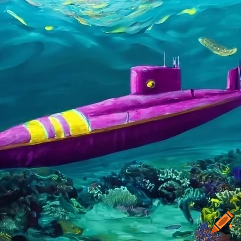 Purple submarine with yellow stripes in clear blue water near a coral ...