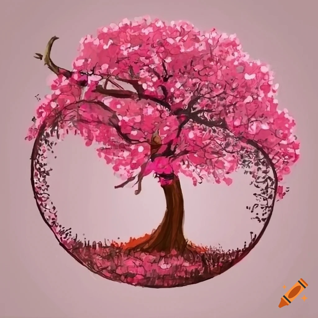 Graceful cherry tree in a circle drawing on Craiyon