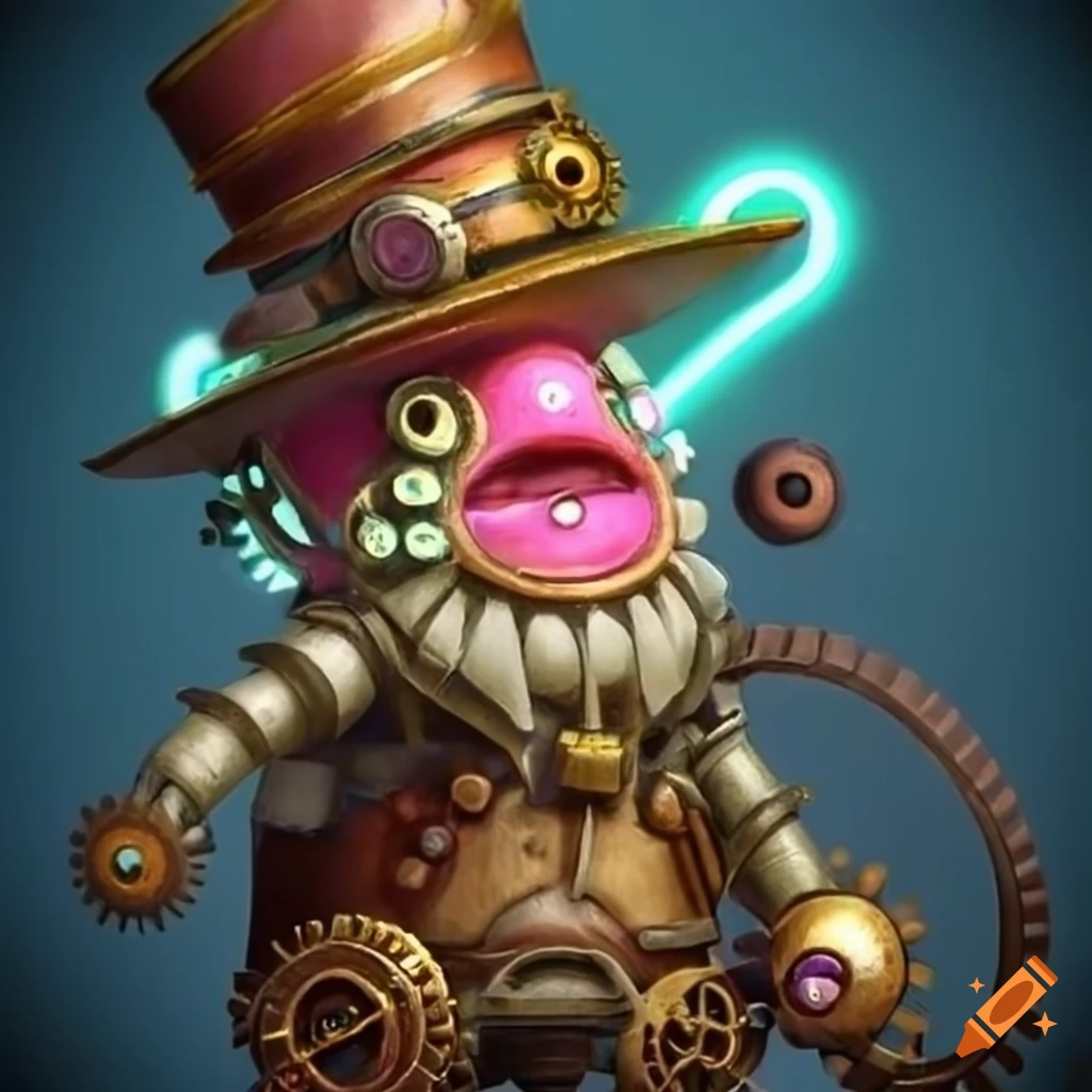 Clockwork, steampunk, robot gnome with gear eyes and pink hat on Craiyon