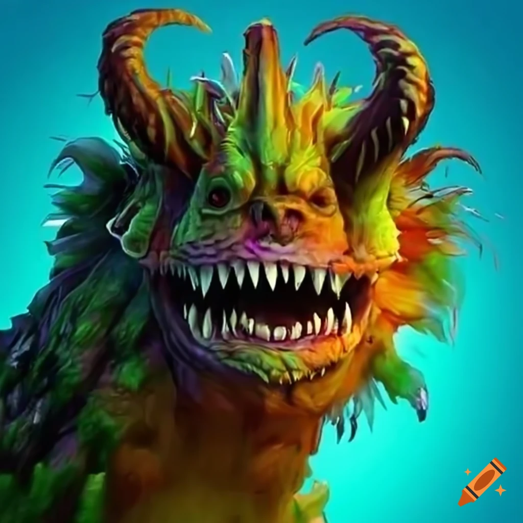 Orange and green fluffy monster final boss on Craiyon