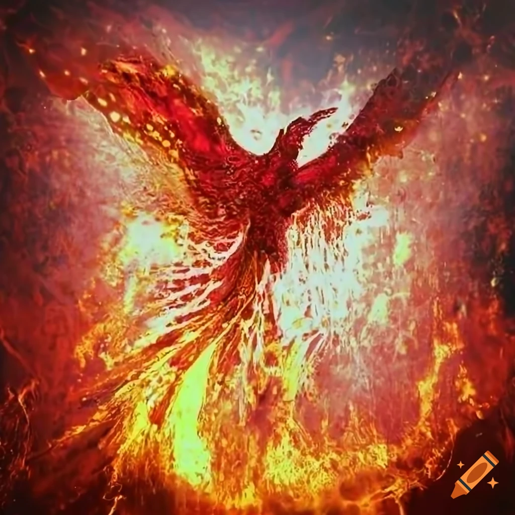 Abstract splatter painting of a majestic golden phoenix rising from ...