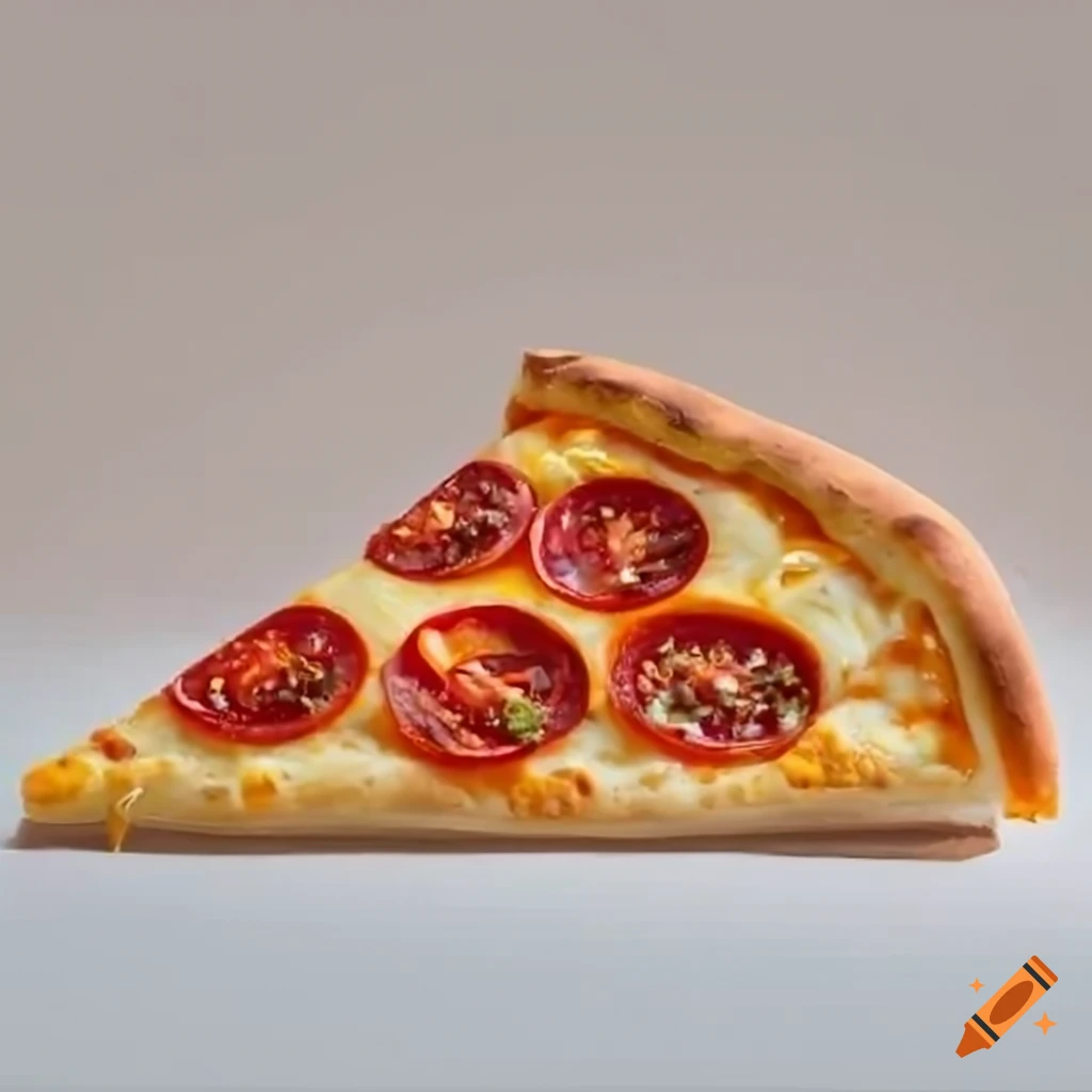 Slice of cheese pizza with tomatoes and pepperoni on white background on Craiyon
