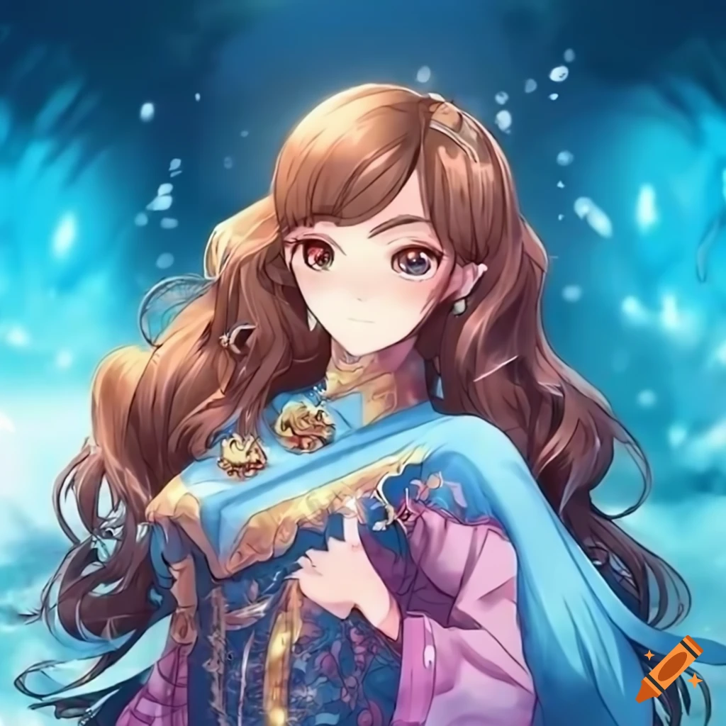 Anime princess with brown hair in a winter fantasy scene with lava ...