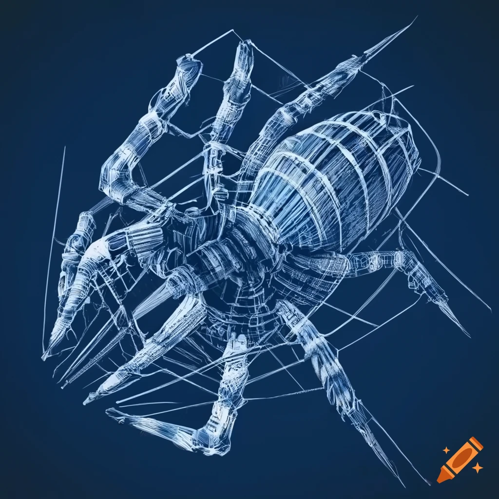 Blueprint of detailed spider engineering design in a scifi style on Craiyon