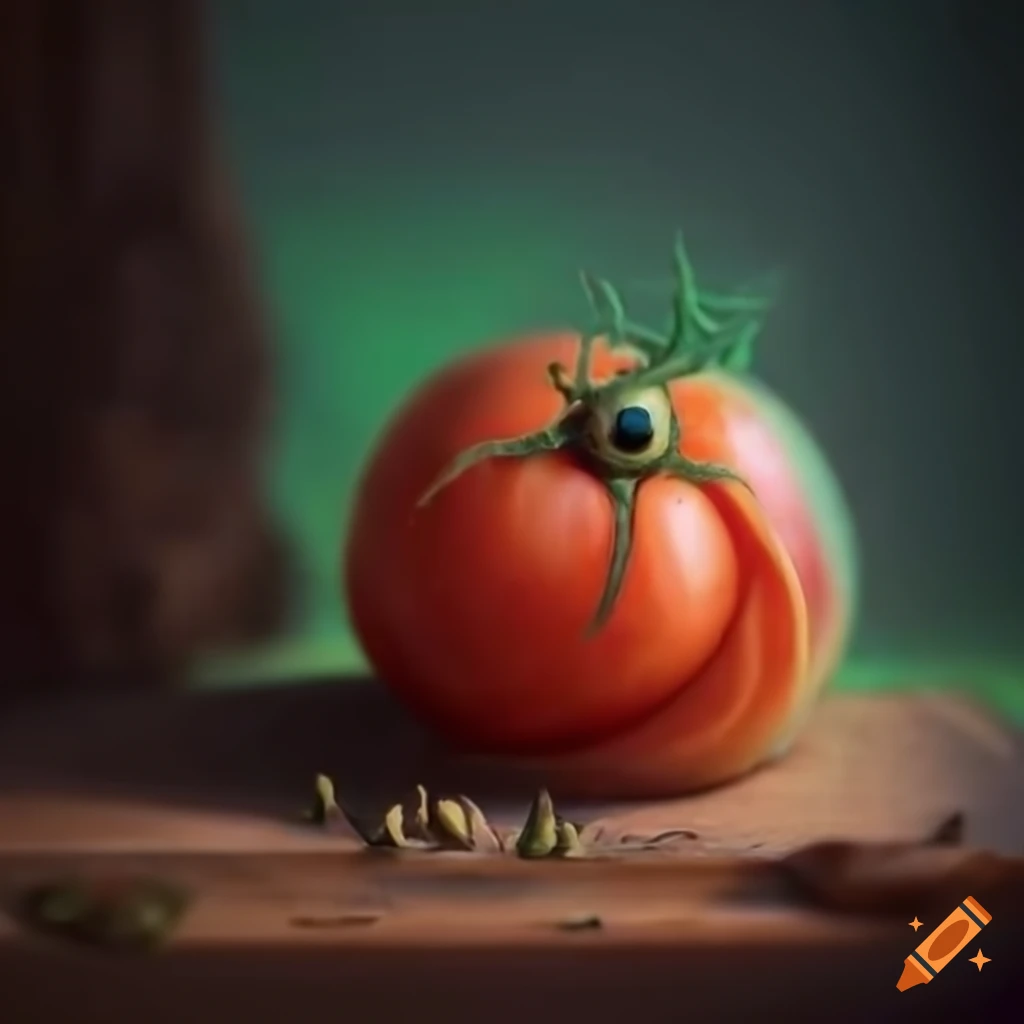 Close-up portrait of the rotten tomato fruit monster in micro ...