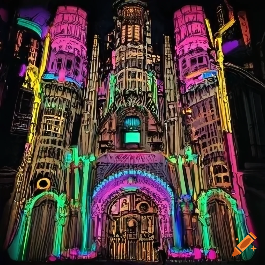 Borg goth city in steampunk neon rainbow style on Craiyon