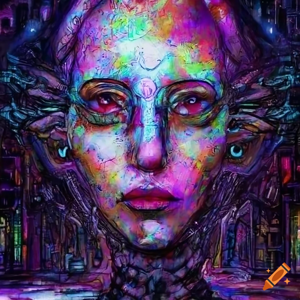Portrait of a female cyborg goddess in a dark cyberpunk cityscape on ...
