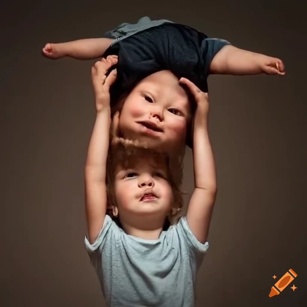 Curious child playfully upside down with a grin on Craiyon
