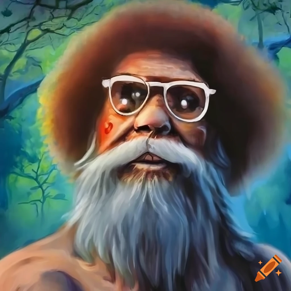 Old Sasquatch with white hair and beard wearing glasses next to happy ...