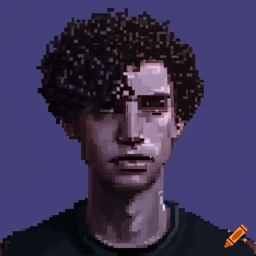 Realistic gamer character with curly hair in dark pixel art style on ...