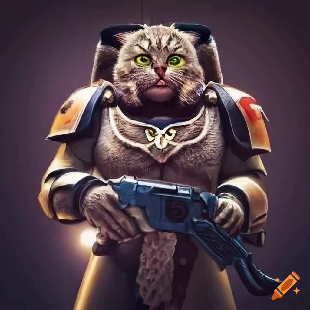 Tabby cat in Space Marines Sister of Battle cosplay holding a bolter in ...