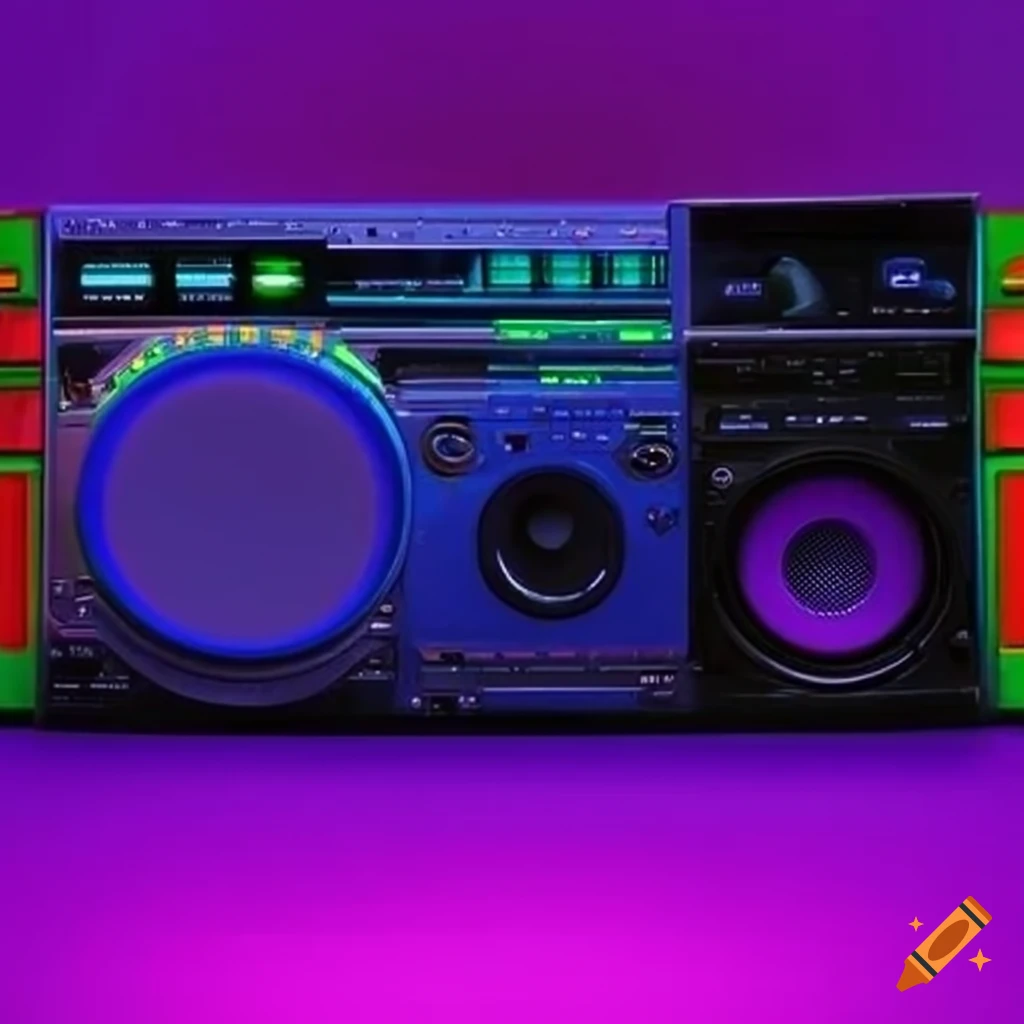 Retro 90s stereo system with colorful segmented display playing music ...