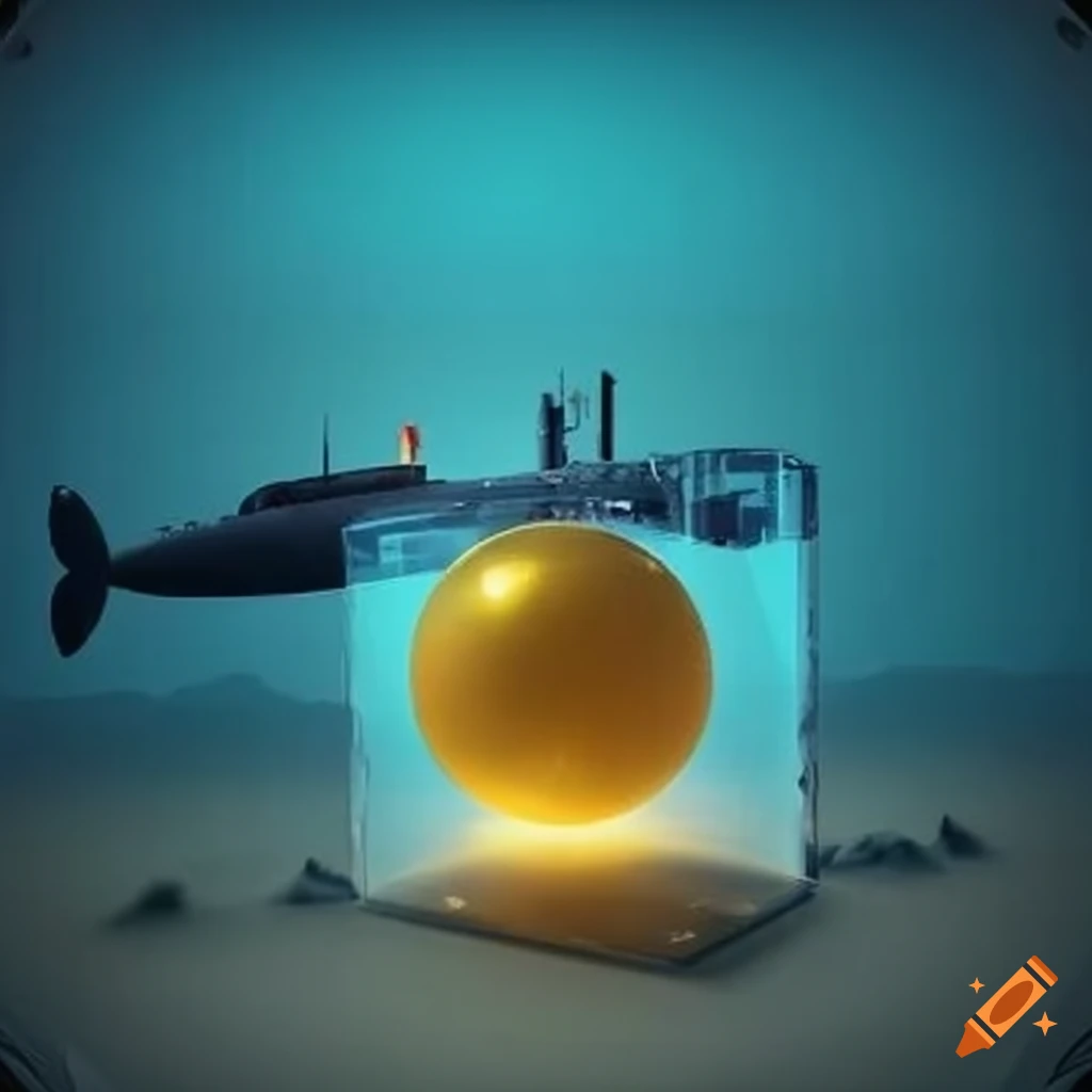 Translucent cube with gold ball next to a research submarine on Craiyon