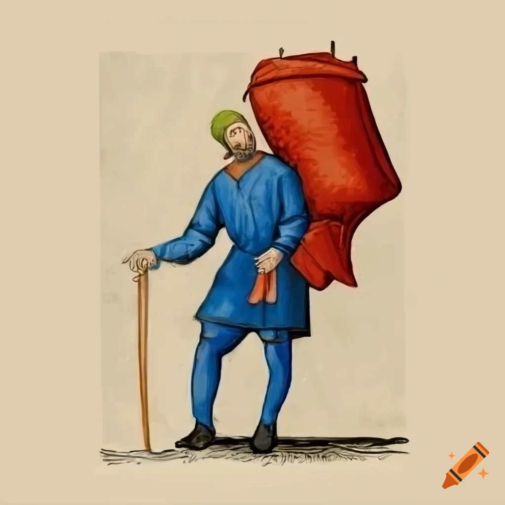 Man wearing green cap and blue clothes with a red sack in medieval ...