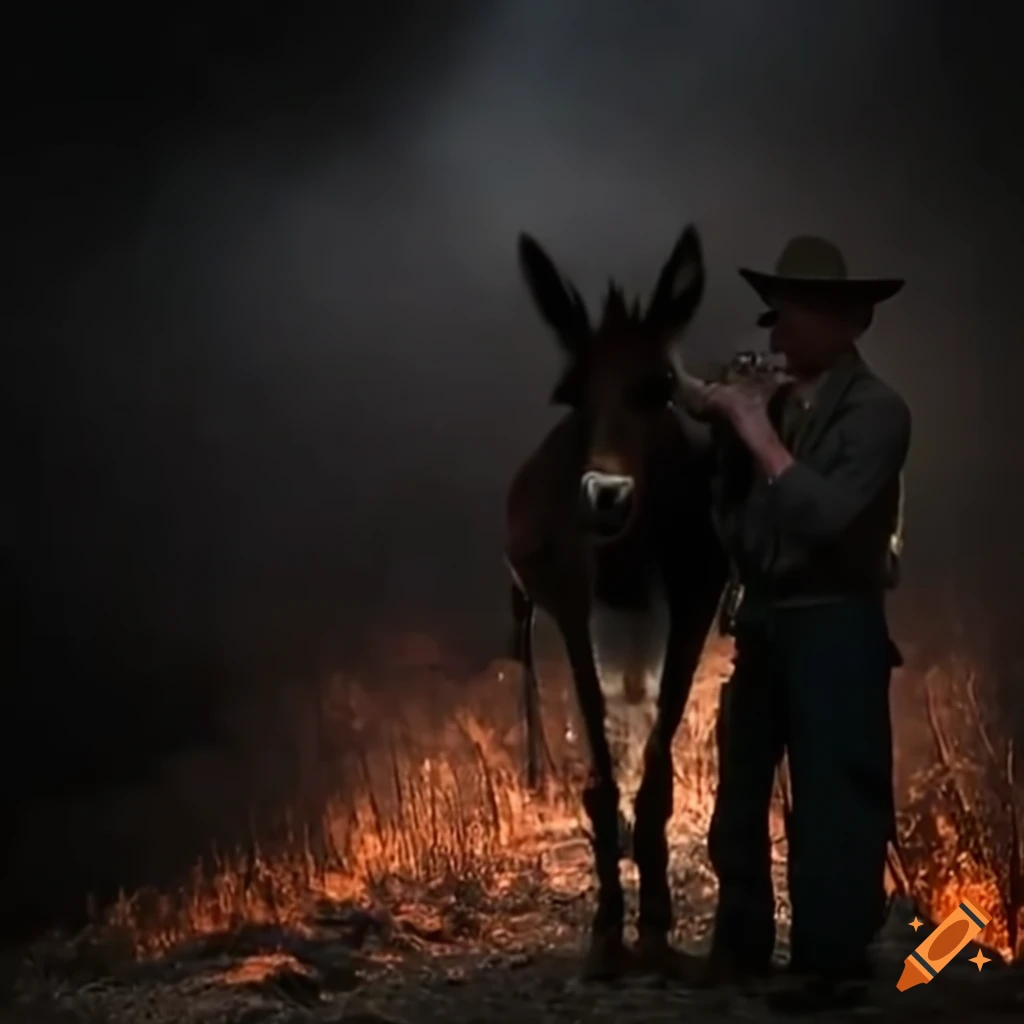 Joe biden riding a donkey in a fiery landscape on Craiyon