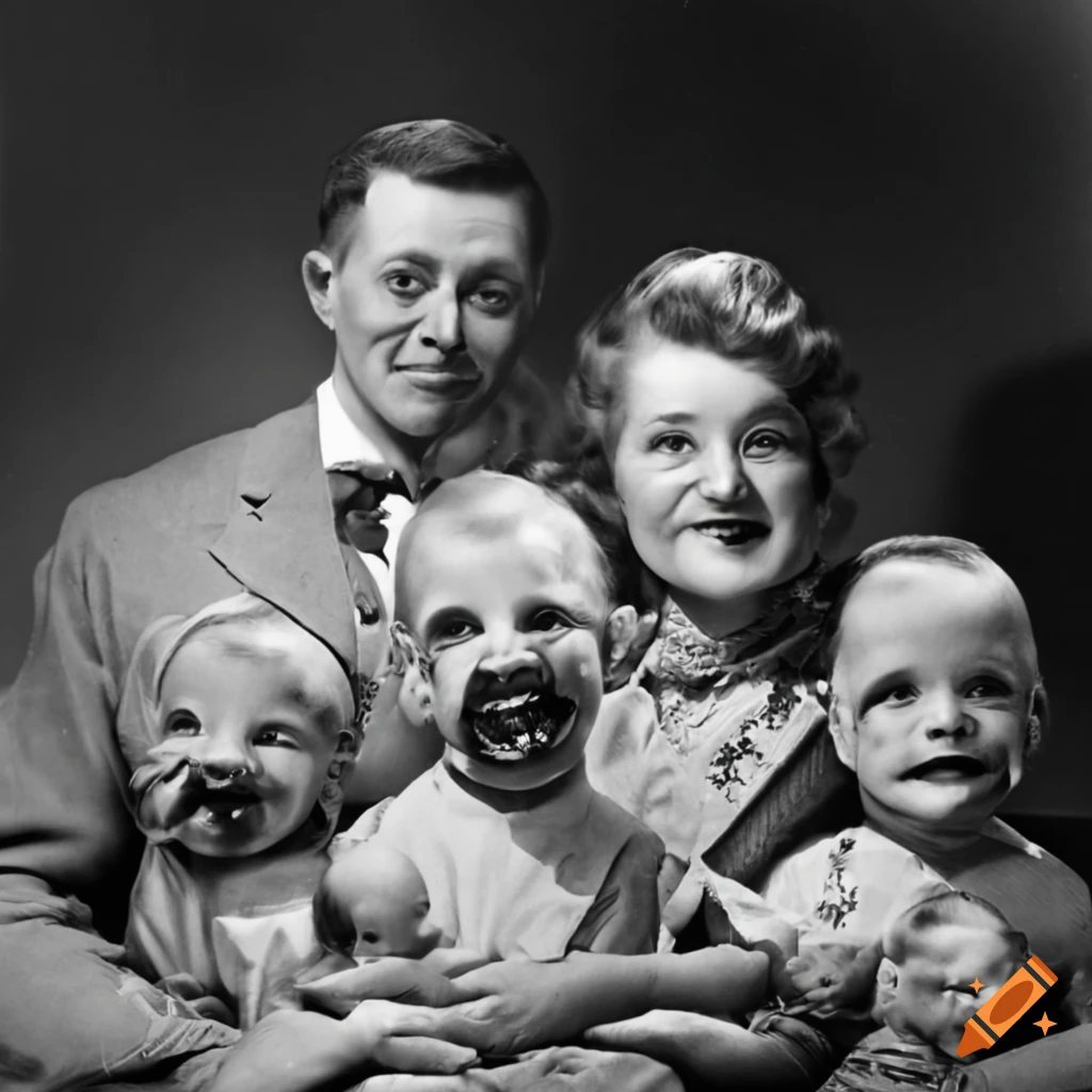 Happy family posing in front of their house with distorted faces on Craiyon