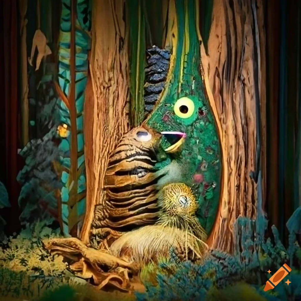 Closeup of a joseph cornell 3d diorama of a magical forest with salish motifs on Craiyon