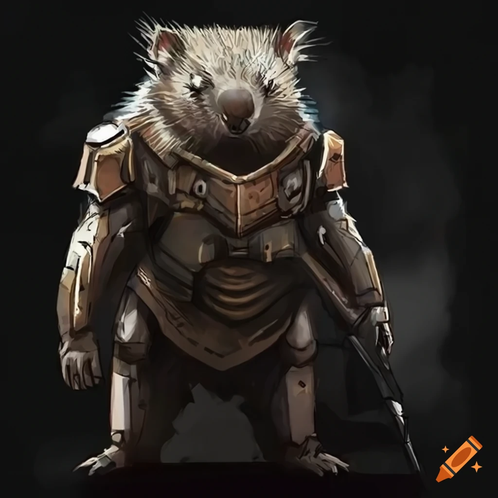 Armored wombat in a futuristic battle setting on Craiyon