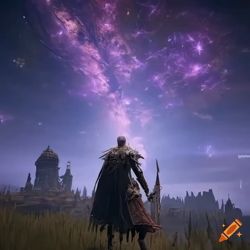 Elden ring boss in stunning landscape with starry sky and erdtree on ...