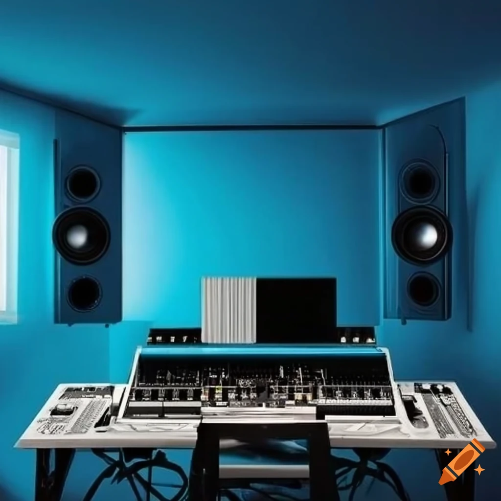 Modern recording studio with white and blue color scheme and ceiling ...