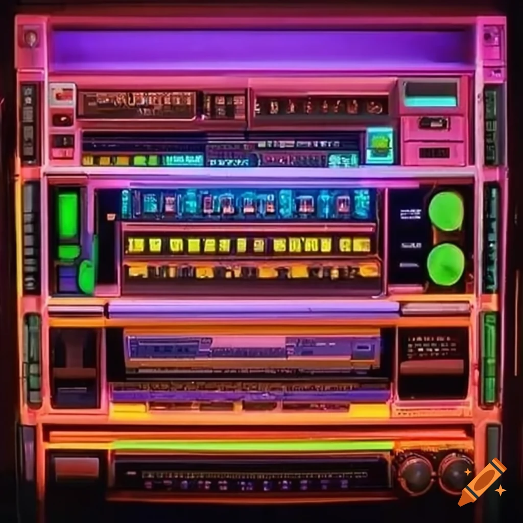 Vintage 90s stereo system fluorescent display with numbers and letters on Craiyon