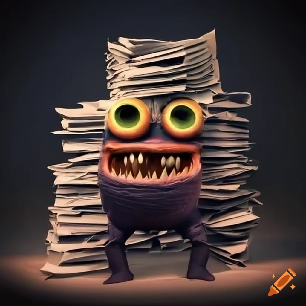 Giant monster next to stacks of paper on Craiyon