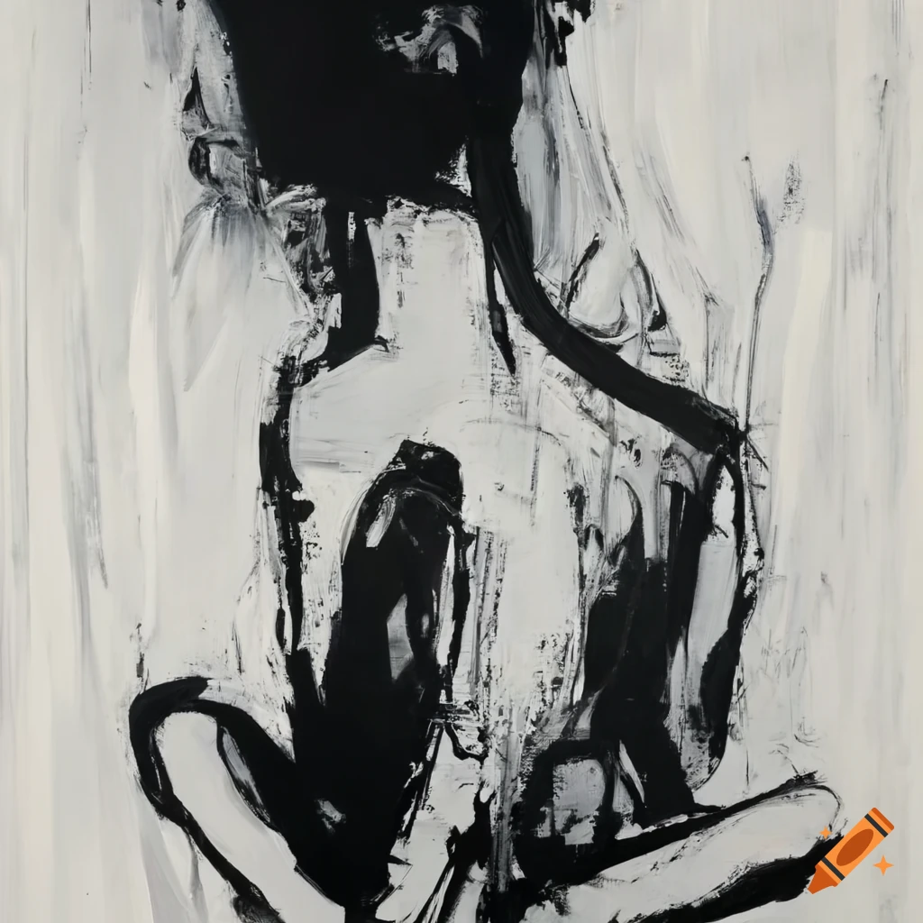 Abstract expressionist painting with seated female figure in black and ...