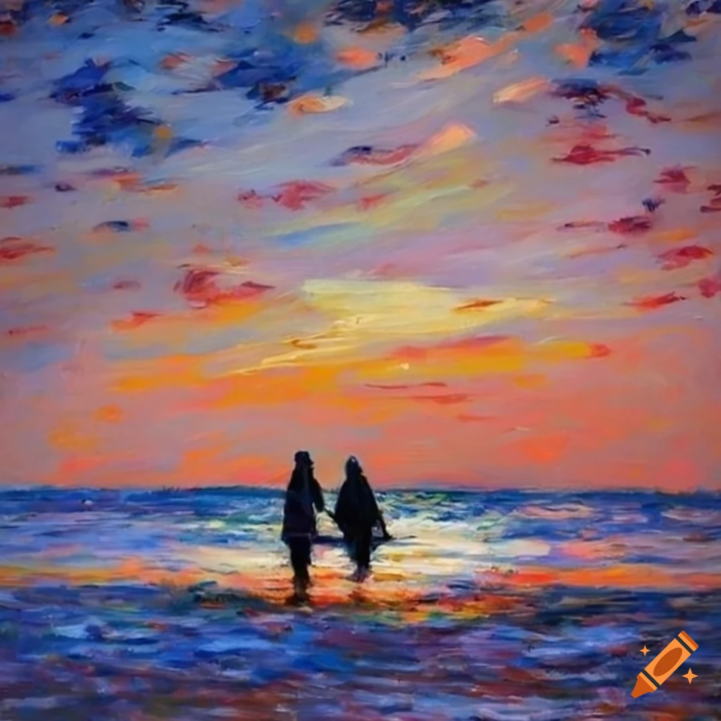Monet style painting of couple walking on beach at sunset on Craiyon