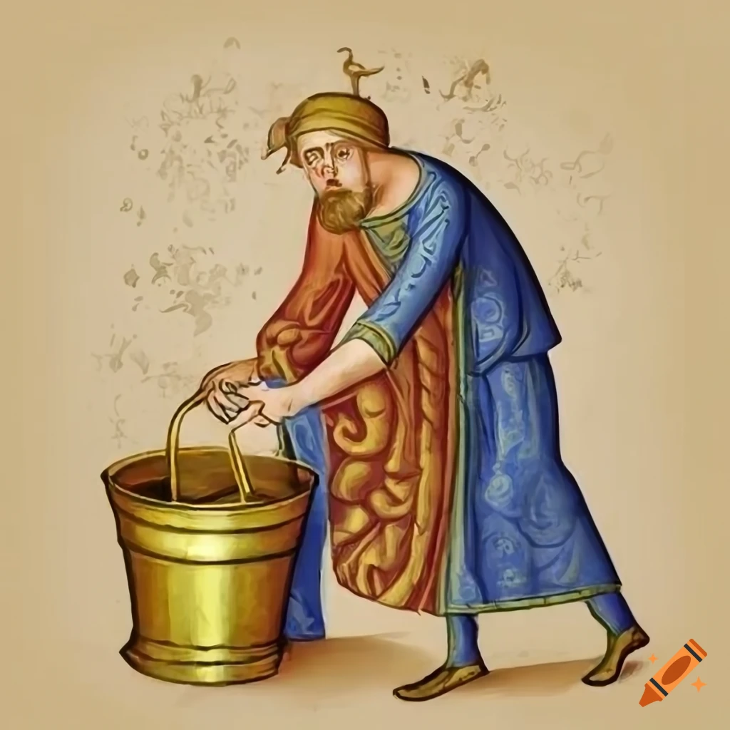 Medieval illustration of a man next to a golden bucket on Craiyon