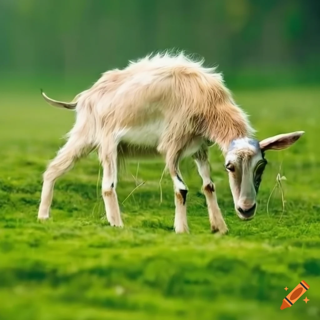 Goat with blonde fur grazing in a green field on Craiyon