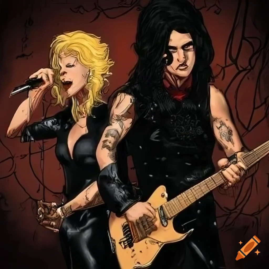 Blonde singer and black-haired guitarist rock duo in comic art style on ...