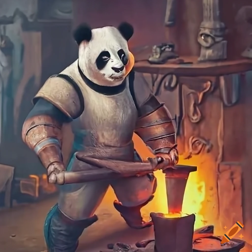 Legendary panda craftsman forging armor in a traditional blacksmith's ...
