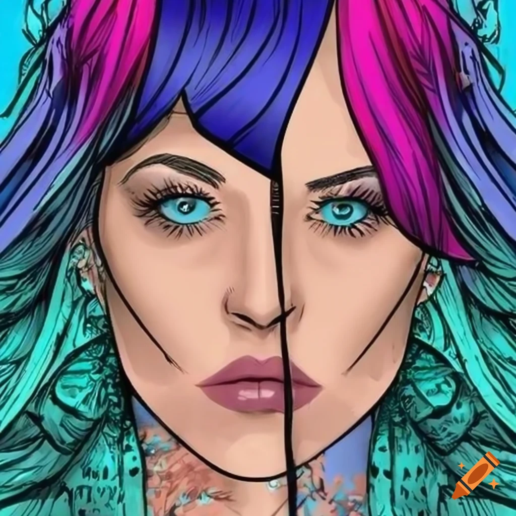 Empowered young woman with colorful hair in comic book style on Craiyon