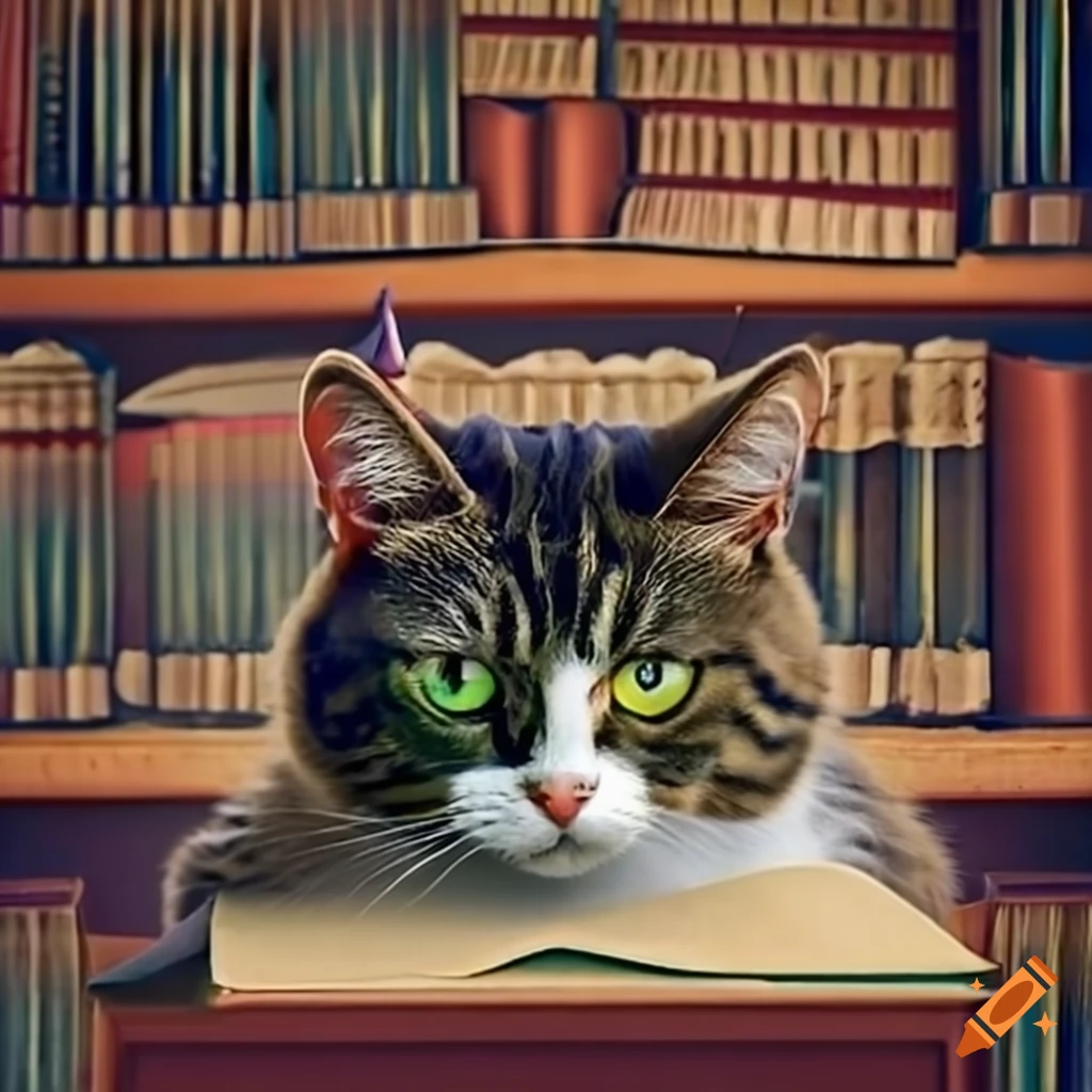 Cat guarding books in a library on Craiyon