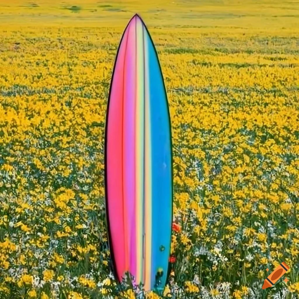 Colorful surfboard surrounded by blooming flowers on Craiyon