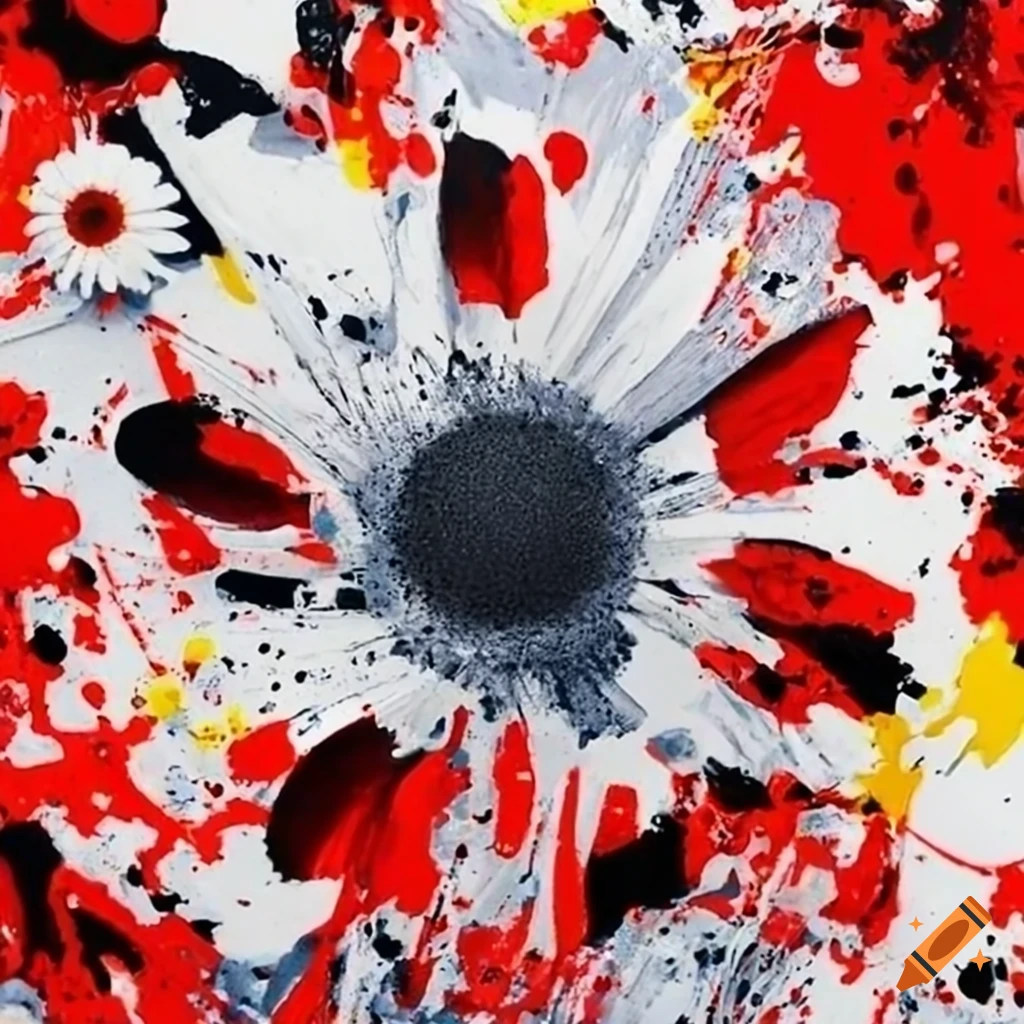 Abstract splatter painting depicting chamomile flowers in silver and ...