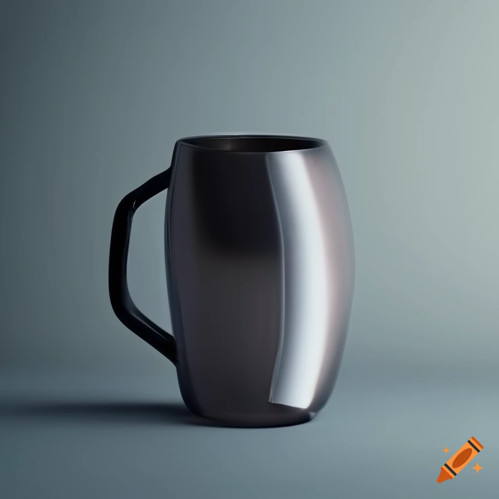 Futuristic minimalist design mug with reflective metallic finish on Craiyon