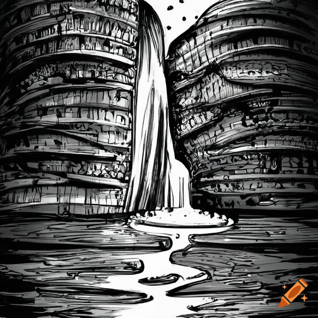 Black and white comic drawing of a water cleaning station on Craiyon