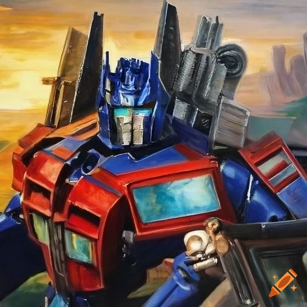 1800s oil painting portrait of autobot optimus prime in a landscape on ...