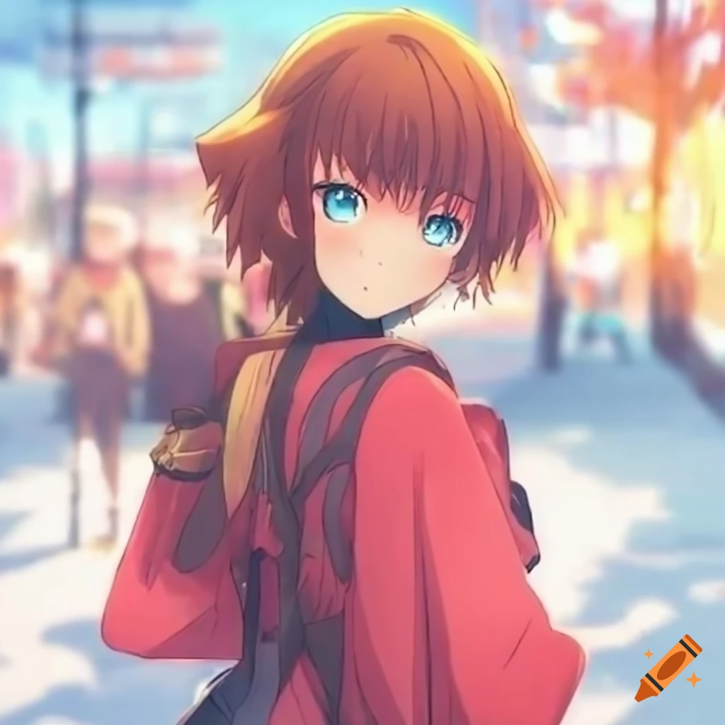 Young woman glancing back while walking with friends in an anime street ...