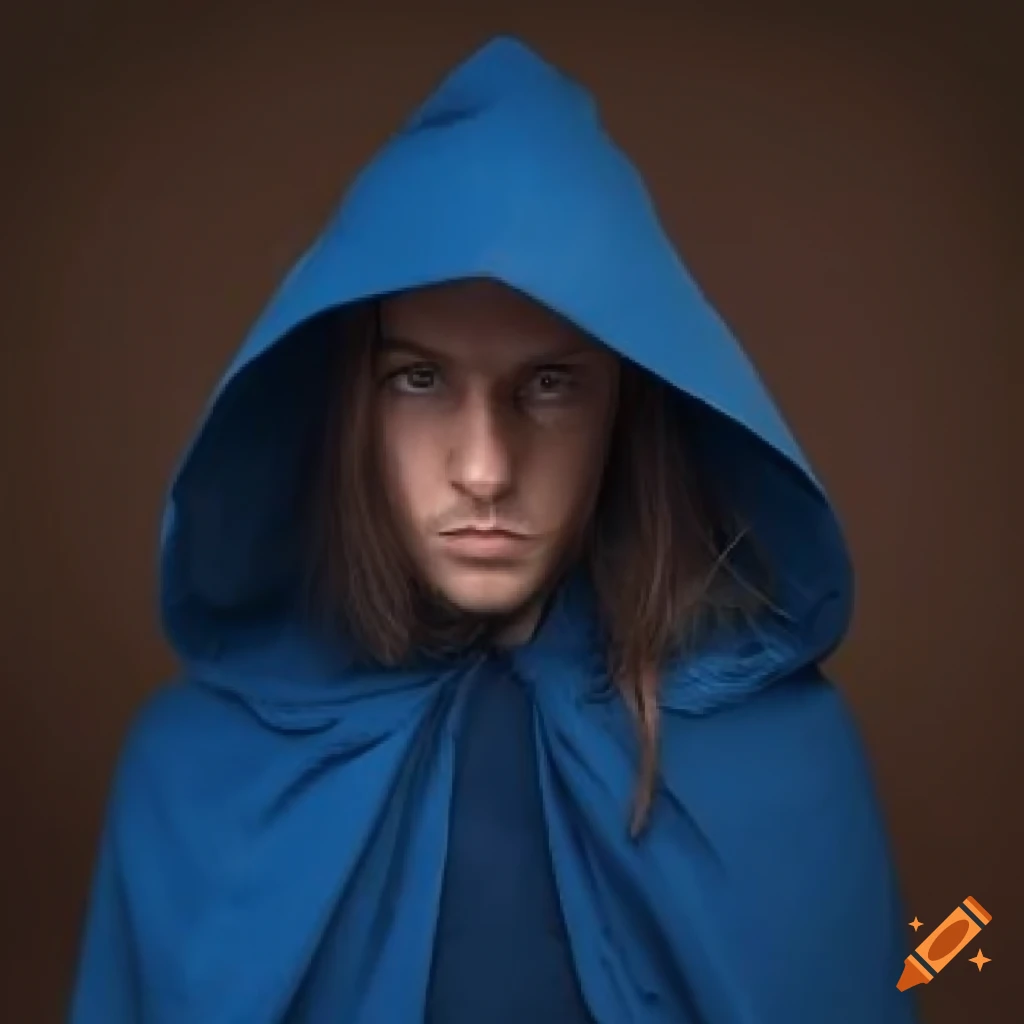 Man with long hair in a dark blue hooded cape on Craiyon