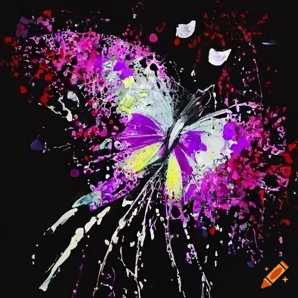 Abstract splatter painting in silver, white, red, lilac, and yellow ...