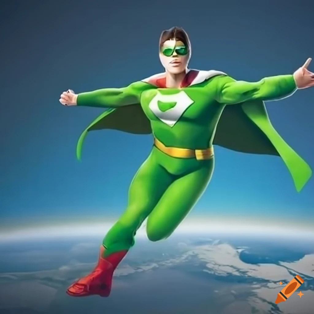 Eco superheroes in front of planet earth wearing green uniforms on Craiyon