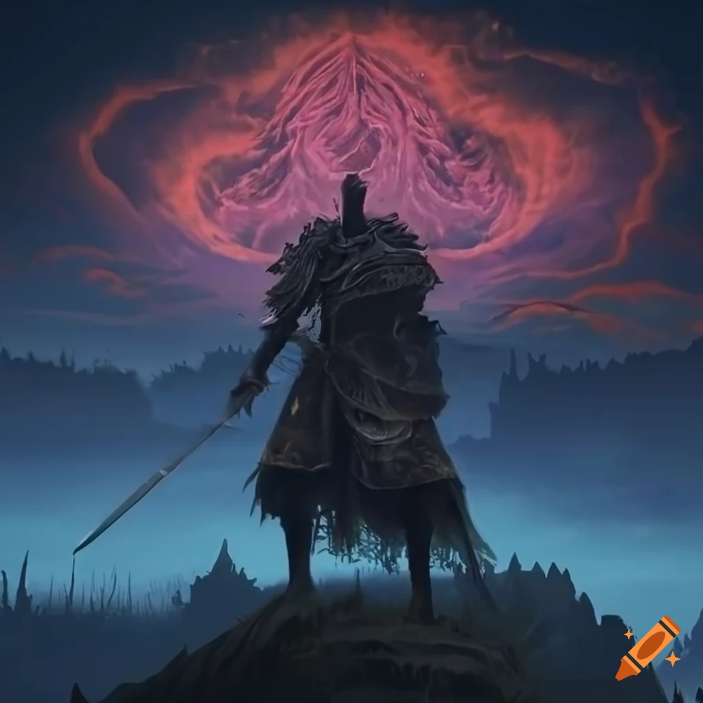 Knight in armor with sword in a detailed landscape with a veil of ...